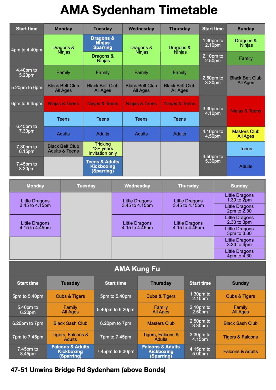 AMA Locations Timetable - AMA